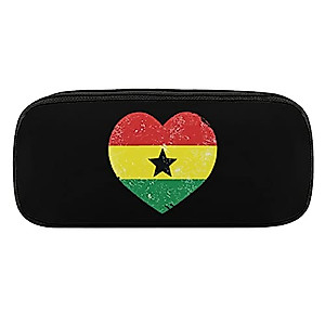 Ghana Retro Heart Flag Pencil Case PU Leather Pencil Pen Bag Large Capacity Pen Box Pencil Pouch Makeup Bag with Zip