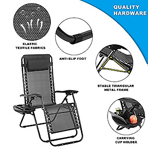 Dkeli Zero Gravity Chair, Adjustable Reclining Patio Chair with Cup Holder & Pillows Folding Lawn Chaise Outdoor Lounge Chair for Pool, Beach, Deck, Yard - Black Zero Gravity Lounge Chair
