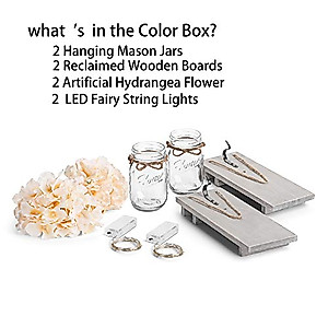 Rustic Wall Sconces - Mason Jars Sconce, Rustic Home Decor,Wrought Iron Hooks, Silk Hydrangea and LED Strip Lights Design 6 Hour Timer Home Decoration (Set of 2)