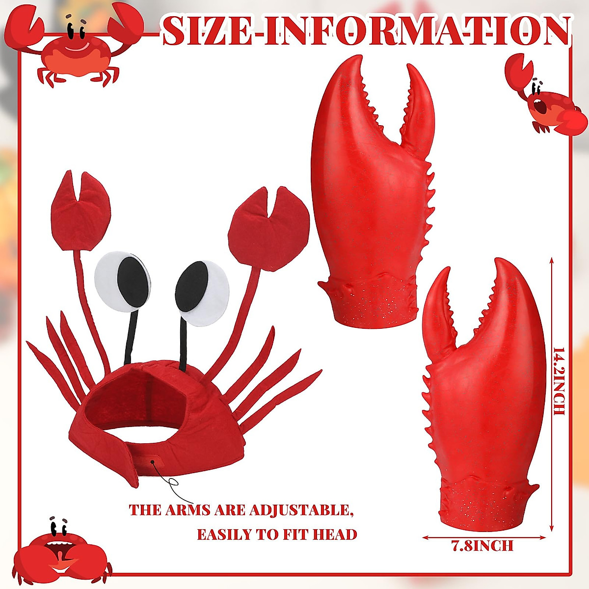 Newcotte 2 Pcs Halloween Crab Lobster Costume Set Funny Hat Latex Giant Crab Claws Gloves for Men Women Cosplay Party(Crab Style)