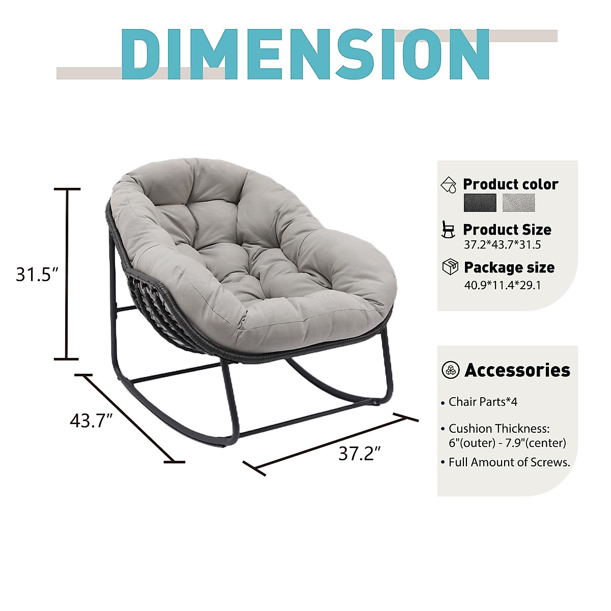 ZJEYEJZ Indoor & Outdoor Rocking Chair, Oversized Rattan Royal Rocking Chair with Padded Cushion, Rocker Egg Chair for Living Room, Patio, Front Porch, Backyard, Grey