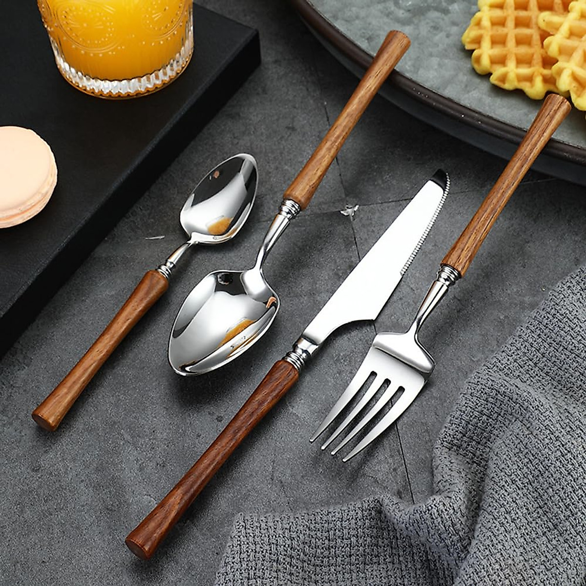 Aimilan 48 Piece Silverware Set for 12, 18/10 Stainless Steel Rosewood Wooden Handle Flatware Cutlery Set for Home Kitchen Restaurant, Mirror Finish, Dishwasher Safe (48-Piece for 12)