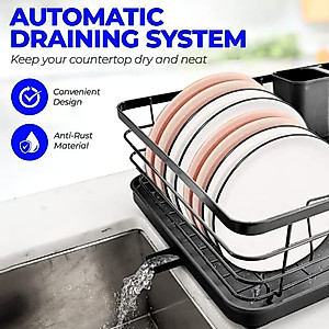 Ecomerr Dish Drying Rack for Kitchen Counter and Tabletop-Rust Proof Stainless Steel Dish Drainer with Drying Board and Removable Utensil Holder-Black Dish Rack with Drainboard 15.5”x11.4”x5.3”
