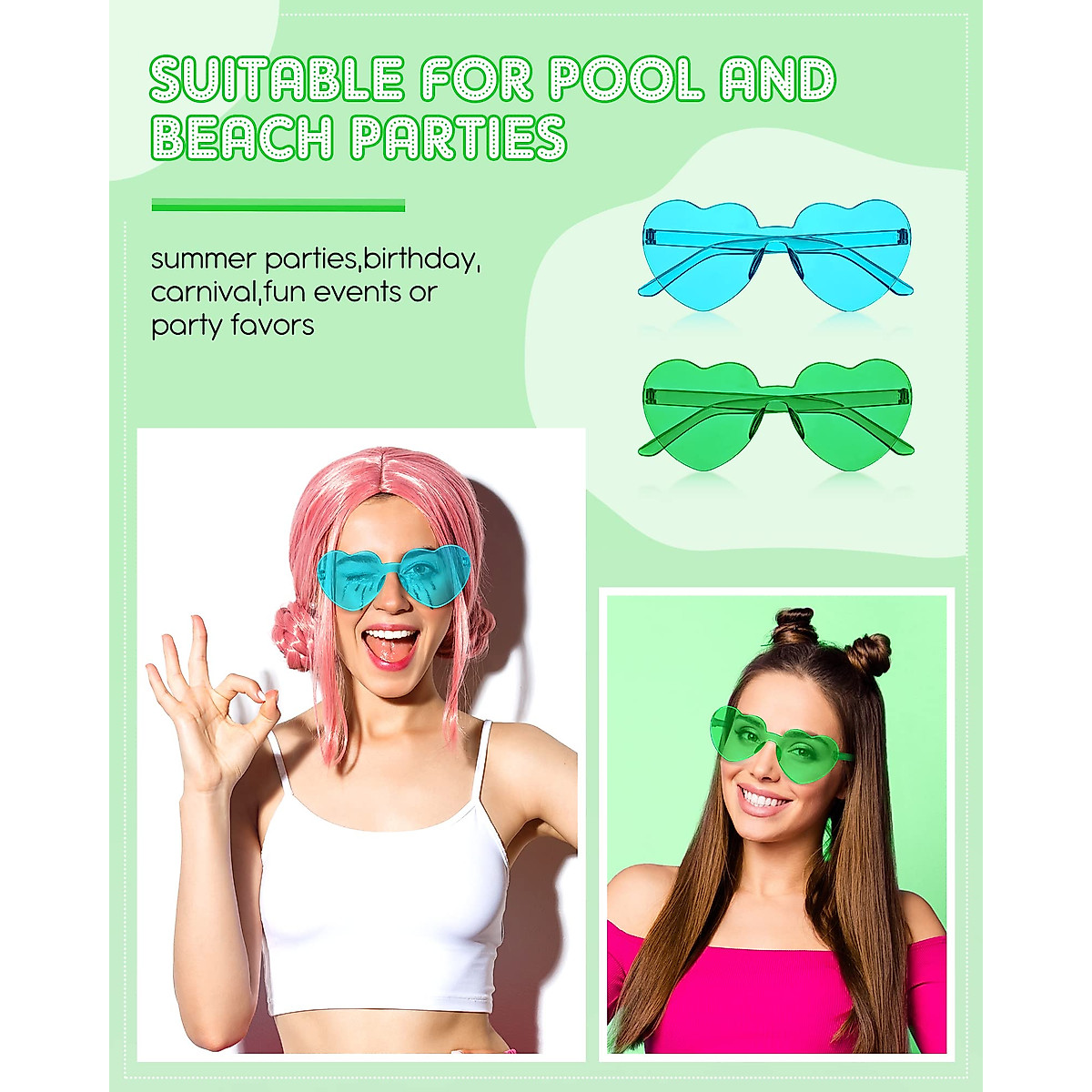 Colzzy 30 Pcs Heart Shaped Rimless Sunglasses Transparent Colorful Frameless Glasses Eyewear Bachelorette Party (Vivid Colors)