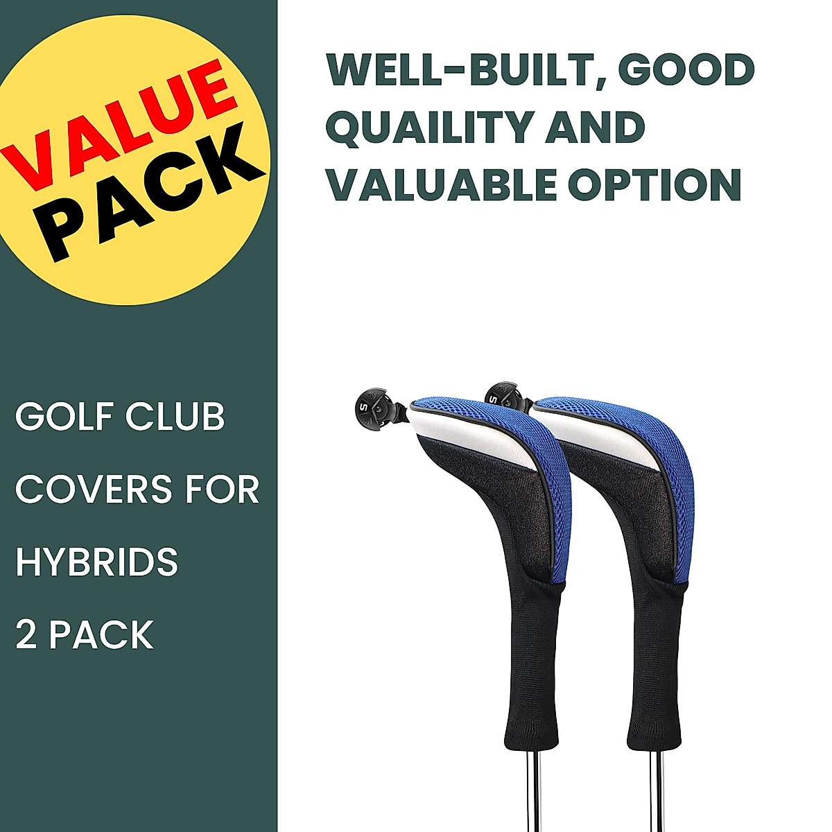 FINGER TEN Golf Club Head Covers Woods Hybrids 1/2/3/4 Pack, Headcovers Men Women 3 5 7 X with Interchangeable Number Tag, Fit All Wood Hybrid Clubs (2 Pack-Blue Hybrid Cover)