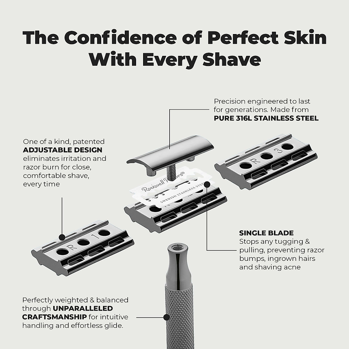 ROCKWELL RAZORS 2C Razor with 5 Blades, 6 Piece Set, Gunmetal Chrome