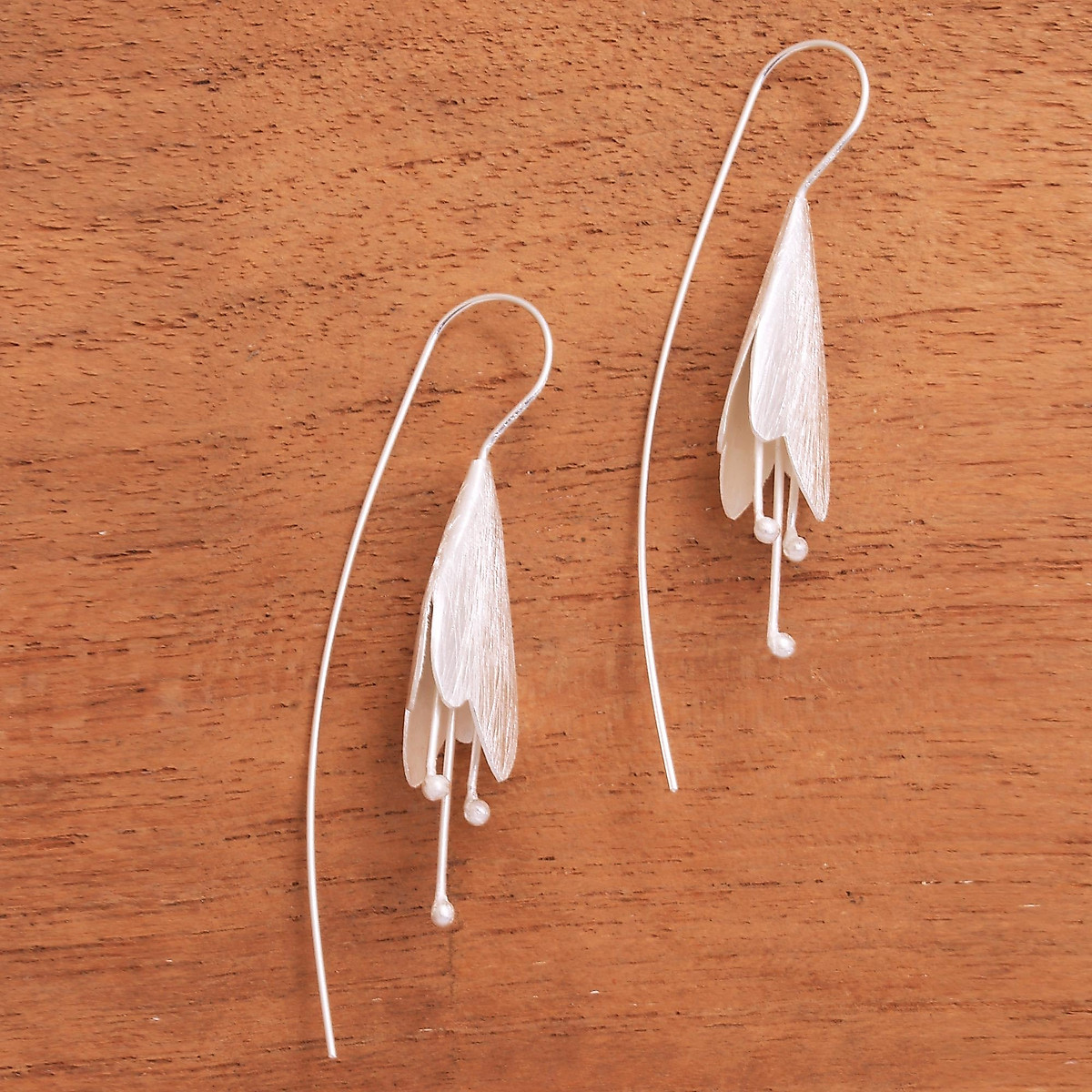 NOVICA Artisan Handmade Sterling Silver Drop Earrings Flower from Bali No Stone Indonesia Floral Modern [1.8 in L x 0.6 in W x 0.3 in D] ' Budding Orchid'