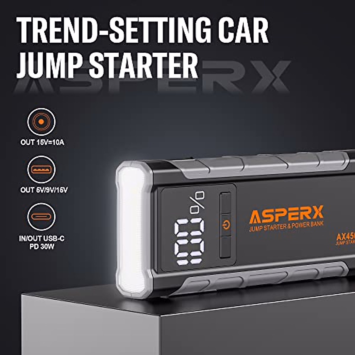 ASPERX AX4500 Jump Starter, 4500A Peak Car Jump Starter for Up to All Gas and 10.0L Diesel Engines, 12V Battery Starter with 4 Inch LCD Display, Lithium Battery Booster with Built-in LED Light