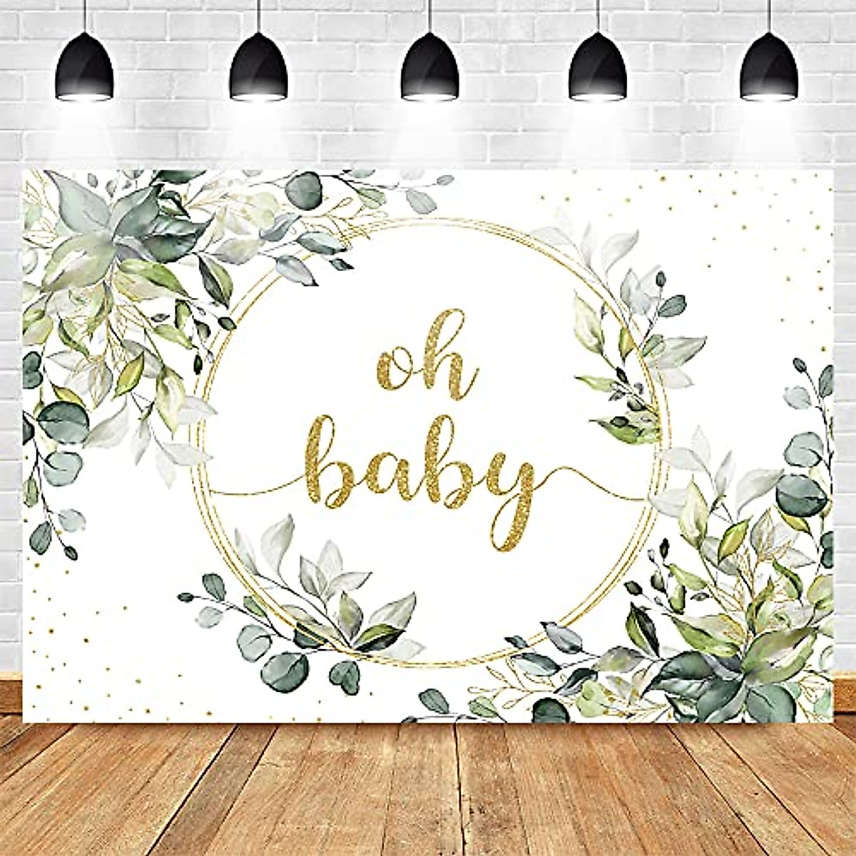 Mocsicka Greenery Baby Shower Backdrop Gold Oh Baby Background Green Eucalyptus Baby Shower Party Cake Table Decoration Banner Photo Booth Props (8x6ft)