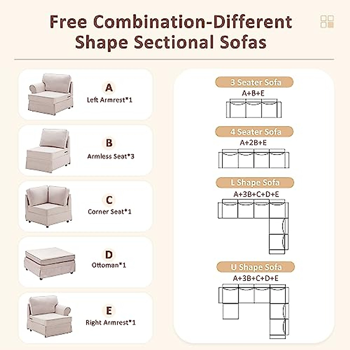 Merax 108.6" Fabric Upholstered Sectional Sofa,Modular Customizable Couch with Removable Ottoman for Living Room,Linen L U Shaped, Beige