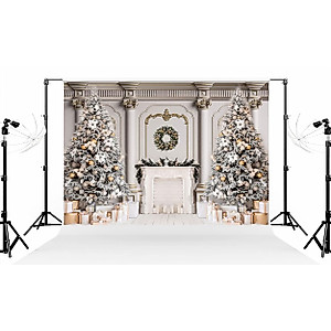 Kate 7×5ft (2.2×1.5m) Christmas Tree Photo Backdrop Xmas Palace Classic Indoor White Fireplace Gifts Decoration Photography Background for Christmas New Year Photographer Studio Props