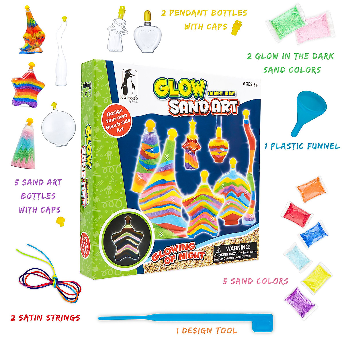 Sand Art Kit for Kids, Glow in the Dark Sand Art Bottles and Necklaces, Arts and Crafts STEM Toys for Boys and Girls, 8 Art Sand Colors Including 2 Glow in the Dark, Craft Gift for Boys and Girls 3+