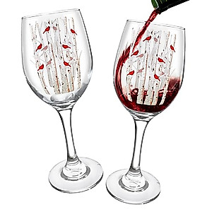 BANBERRY DESIGNS Cardinal Wine Glass - Set of 2 - Stemmed Glasses - Cardinals Perched on White Birch Trees - 7 3/4" Tall 12 oz