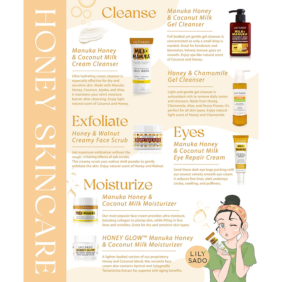 LILY SADO Honey Glow Collagen Radiance Cream Face Moisturizer - Natural Daily Facial Lotion w Manuka Honey, Apricot & Sodium Hyaluronate - Amazing Anti Aging Formula. 2 oz