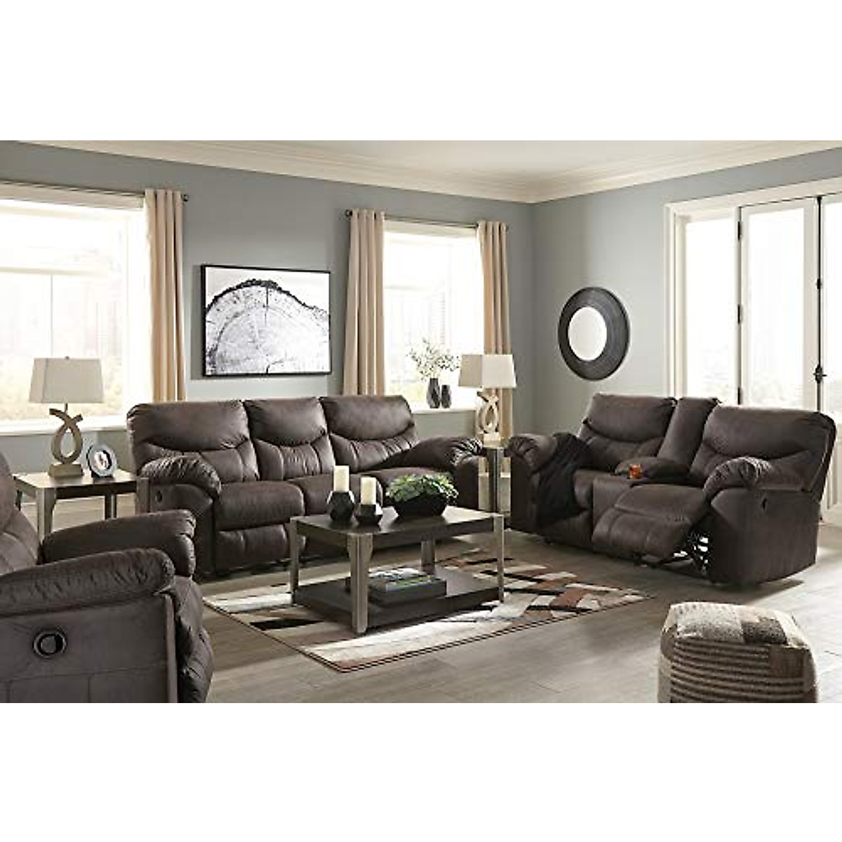 Signature Design by Ashley Boxberg Faux Leather Manual Double Reclining Loveseat with Center Console, Dark Brown