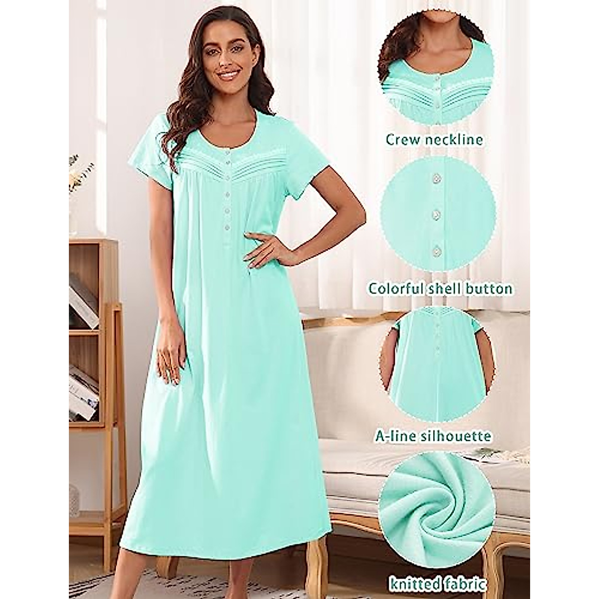 MZROCR Cotton Women Nightgowns Lightweight Soft Night Gowns for Adult Women Short Sleeves Sleepshirts Ladies Long Sleepwear Aqua Green