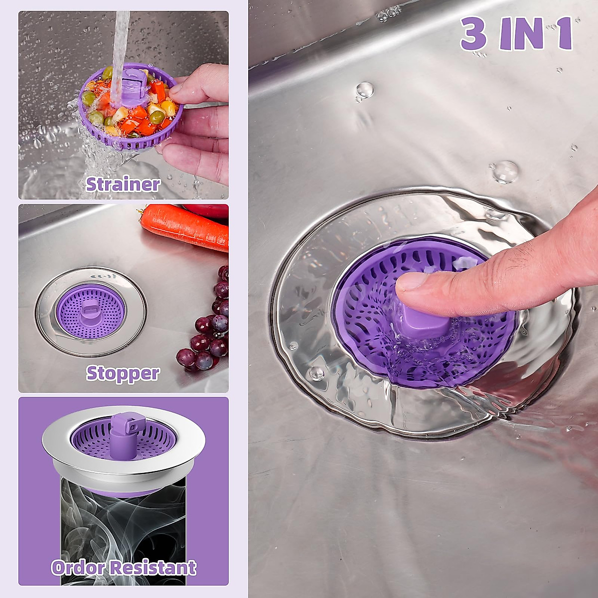 Hibbent Universal 3 in 1 Kitchen Sink Drain Strainer with Sink Stopper, Chrome Stainless Steel Wraped Shell, Anti-Clogging Basket Strainer, Foldable Handle, Fit for US Standard 3-1/2" Drain, Purple