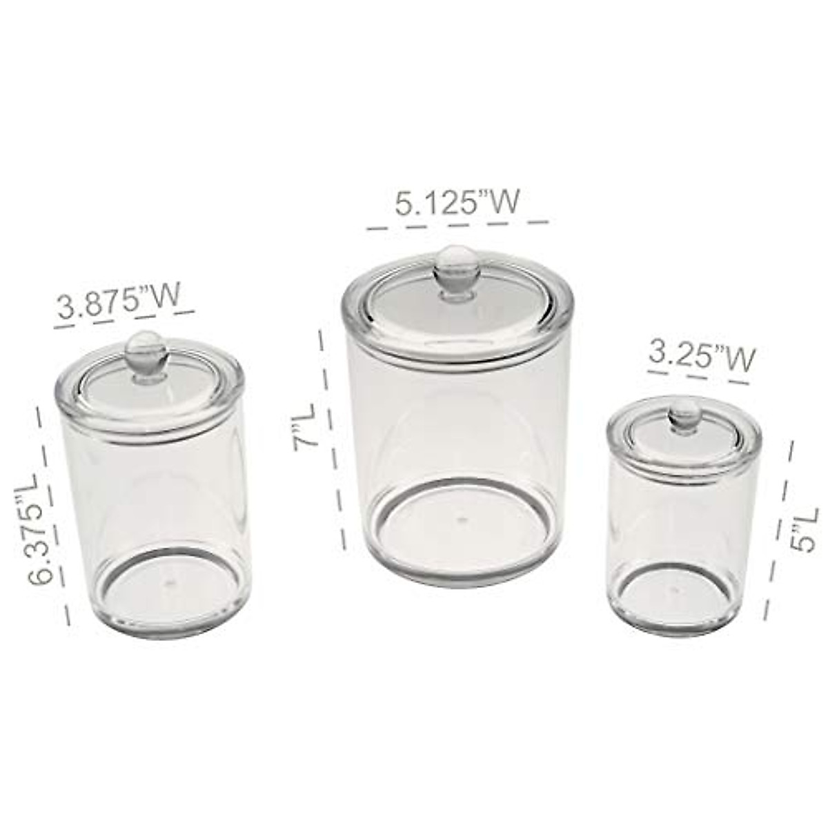 HOME-X Set of 3 Apothecary Jars, Cotton Ball & Swabs Holder, Bathroom Storage, Crystal Clear Acrylic Container with Lid-24 oz.-12 oz.-5 oz