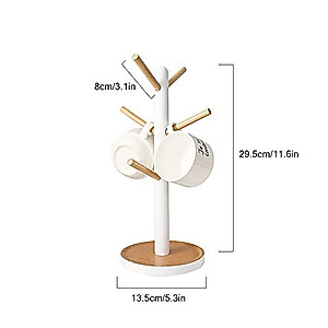 Lifenanny Wooden Mug Holder Tree, Removable Coffee Tea Cup Holder Display Stand for Counter, Mug Rack with 6 Hooks (White)