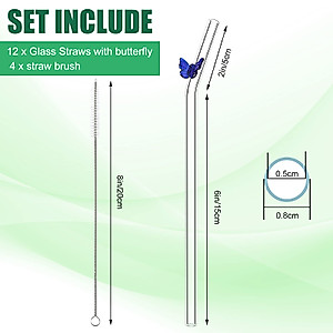12 Pcs Reusable Glass Straws with 4 Cleaning Brushes, 8 mm x 7.9 Inch Bent Glass Butterfly Straws Colorful Butterfly on Clear Straws for Smoothie Cocktail Juice Shakes Beverages