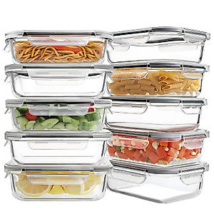 HOMBERKING 10 Pack Glass Meal Prep Containers, Glass Food Storage Containers with Lids, Airtight Glass Lunch Bento Boxes, BPA-Free & Leak Proof (10 lids & 10 Containers)