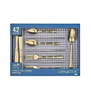 ORNATIVE - Alicja Silverware Set W/BUF with Drawer Organizer & Service for 8, Set Includes Knives, Forks & Spoons for Home, Kitchen & Restaurant, 18/0 Stainless Steel & Dishwasher Safe - 42 Pcs, Gold