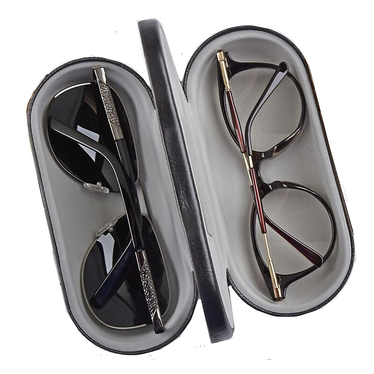 Dual Glasses Case for Two Frames - Classic Clamshell 2 Eyeglasses Case - Built-in Mirror (Black)