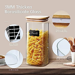 HomArtist Square Glass Jars with Bamboo Lids 34 FL OZ [Set of 6], Glass Canisters with Airtight Lid, Glass Food Storage Container for Pasta, Flour, Sugar, Rice, Best for Kitchen & Pantry