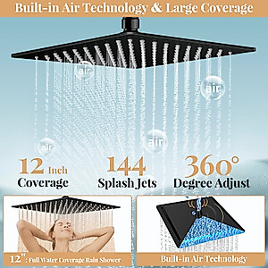 12'' Rain Shower Head with Handheld Spray, Black Shower Head High Pressure with 16'' Flexible Adjustment of Height/Angle Upgraded Extension Arm and 5 Setting Handheld Shower Head with Hose, Anti-leak
