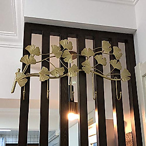 JWZQ Coat Hooks for Wall Mounted, 1x Iron Hook Coat Rack, Ginkgo Biloba Gold Coat Hooks, for Clothes, Hats, Robes, Purse, Towels, 5/7 Hook