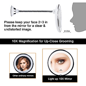 10x Magnifying Mirror with Light, Flexible Gooseneck Make up Mirror with Lights and Magnification, Battery Operated Cordless Magnified Mirror with Suction Cups for Wall Bathroom