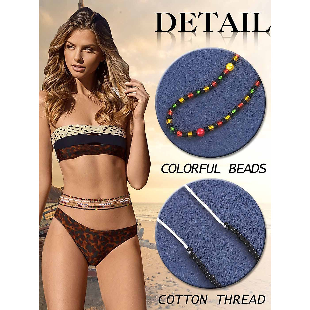 ELABEST 50inch Plus Size African Waist Beads Belly Chain Non-Stretching Tie-on Bead Body Jewelry Accessories for Women and Girls (5)