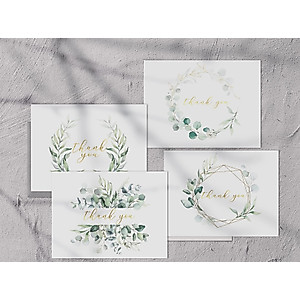 AMNADOF 100 Eucalyptus Gold Foil Thank You Cards Bulk -- Blank Note Cards with Greenery Envelopes – Include Stickers, Perfect for Wedding,Baby Shower, Bridal Shower and All Occasions