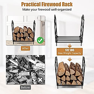 Goplus 17” Small Firewood Rack, Indoor Outdoor Decorative Firewood Storage Carrier Log Rack with Elegant Patterns & Raised Legs, Heavy Duty Firewood Holder for Fireplace, Fire Pit