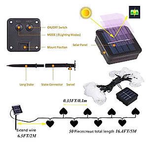 WONFAST Solar Heart String Lights, Waterproof 23ft 50LED Heart-Shaped 8 Mode Solar Starry Ambiance Lighting Christmas Fairy String Lights for Gardens Path Homes Wedding Party Decor (Warm White)