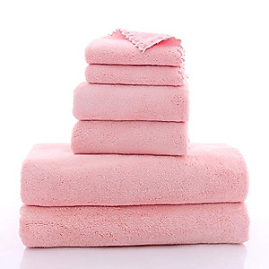 MOONQUEEN Ultra Soft Towel Set - Quick Drying - 2 Bath Towels 2 Hand Towels 2 Washcloths - Microfiber Coral Velvet Highly Absorbent Towel for Bath Fitness, Bathroom, Sports, Yoga, Travel (Pink, 6 Pcs)