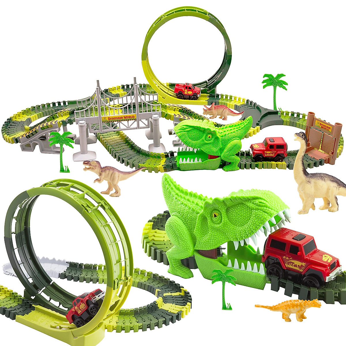 288 Pcs Dinosaur Race Car Tracks Set for Kids,Flexible Train Tracks to Create A Dino World Road with Bridge, 2 Electric Race Cars Best Gift for Toddlers Boys and Girls