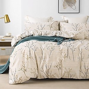 homebox Cotton Duvet Cover Set - 100% Egyptian Cotton Cream Branch Print Bedding Set - 1200 Thread Count Breathable and Textured Duvet Cover Set for All Seasons(King, 90x104'')