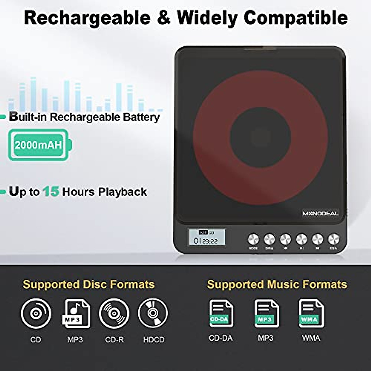 Portable CD Player with Built-in Speakers, MONODEAL Rechargeable CD Player for Car and Personal Use, Small Anti-Skip CD Player with Dual Headphone Jacks (Black)