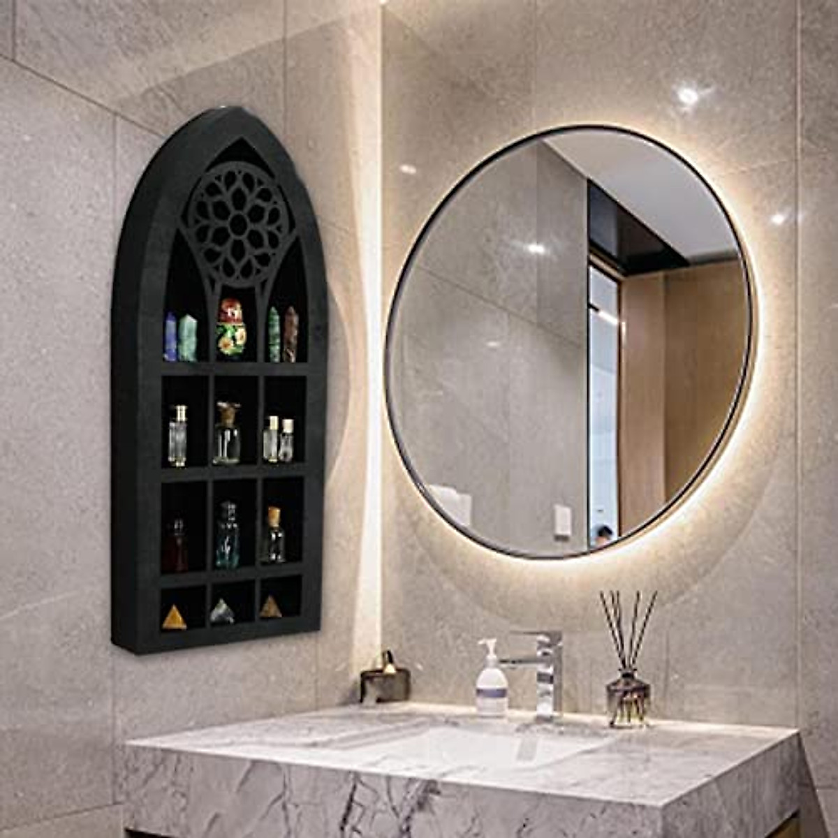 COUNTOOZQ Floating Shelves for Wall Mounted Wall Boho Hanging Gothic Decoration Old Church Window Crystal Wall Shelf Creative Decorative Fairytale Black Cabinet for Living Room