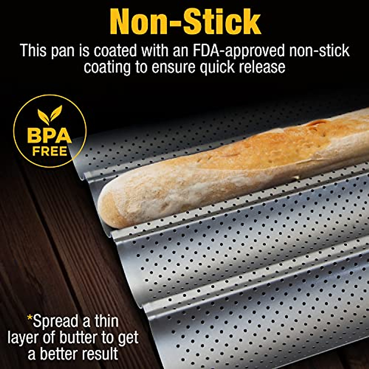 Eparé Baguette Pan for Baking - 15" x 6.5" Nonstick Bread Pans for Homemade Bread - Long Italian Bread Pan & French Bread Baker's Tray - Baquette Baking Pan Tool (US Company)