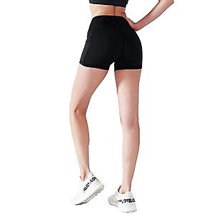 CADMUS Women's High Waist Yoga Shorts Spandex Running Side Pockets, 16#, Black & Black & Black,Medium