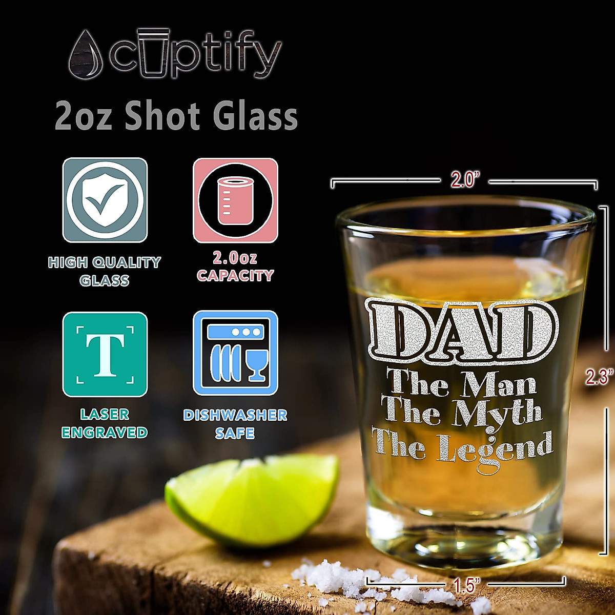 Cuptify Dad The Man Myth Legend 2oz Shot Glasses Set of 2 Etched Party Favors Cool Birthday Gifts for Men, Him, Fathers Day