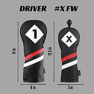 Majek Retro Golf Headcovers Black Red and White Vintage Leather Style 1 X Driver Fairway Wood Head Cover Classic Look