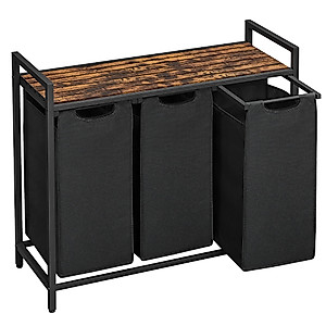 VASAGLE Laundry Hamper, Laundry Basket, 3 × 38L Laundry Sorter with 3 Bags, 1 Storage Shelf, Rustic Brown and Black UBLH301B01