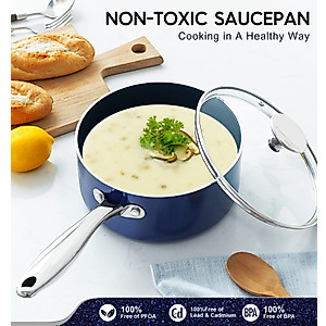 MICHELANGELO Saucepan Set, 1Qt & 2Qt Ceramic Sauce Pan with Lid, Nonstick Saucepans with Lids, Small Pot with Stainless Steel Handle, Oven Safe, Blue