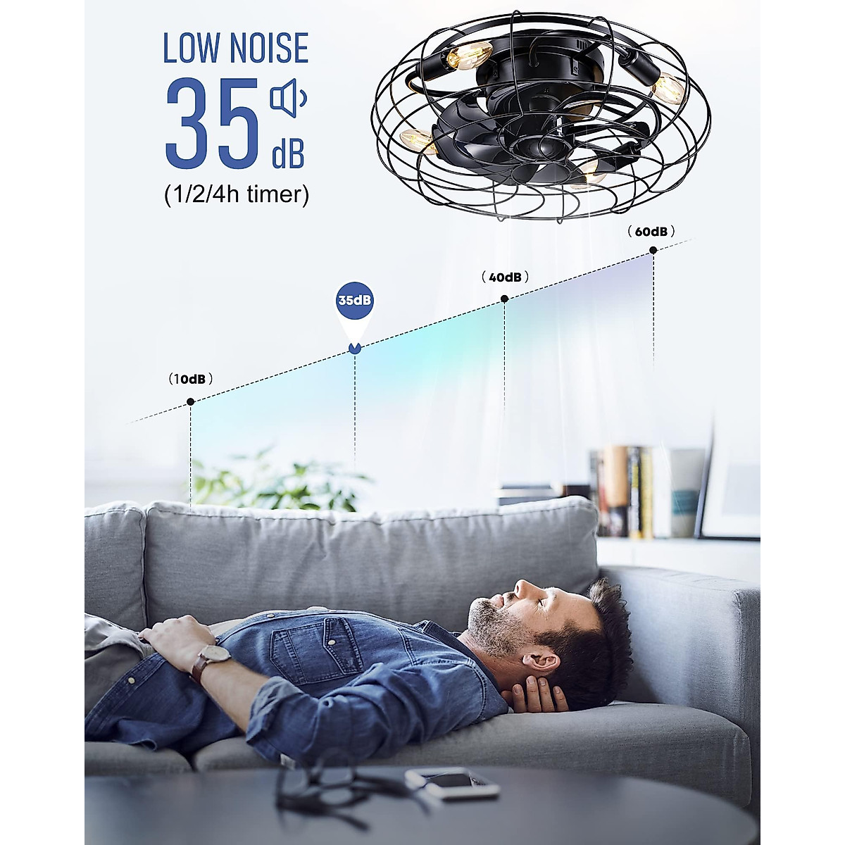 Glitnous 18'' Small Caged Flush Mount Ceiling Fans with Lights and Remote, Black Low Profile Rustic Farmhouse Modern Lighting & Ceiling Fan, Bladeless 6 Speed Timing for Bedroom Kitchen Dining Room