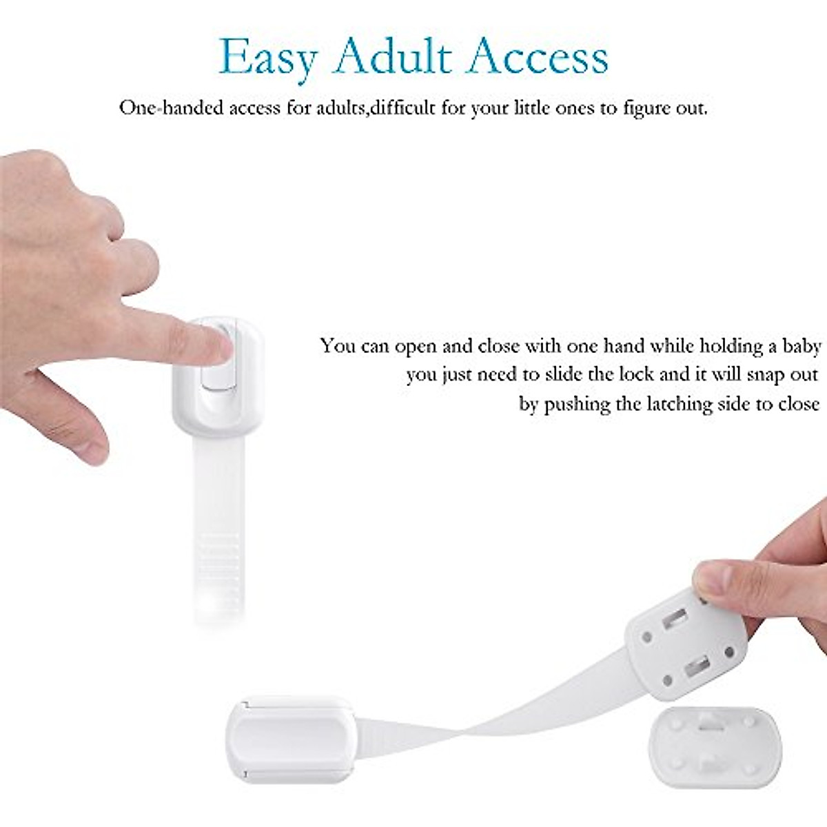 Baby Safety Locks | Child Proof Cabinet, Drawer, Appliances, Toilet Seat, Fridge and Oven & More | No Tools or Driling Required | Use 3M adhesive with Adjustable Strap and Latch System - 6 Pack, White