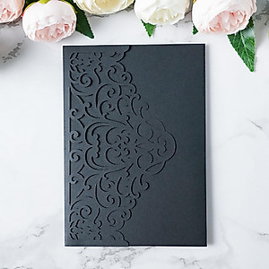 ponatia 20PCS Black Laser Cut Wedding Invitations Pockets, Tri-fold 5x7 Laser Cut Invitation Pockets for Wedding Bridal Shower Quinceanera 15 Anos Invite (No Envelopes & Inner Sheets)