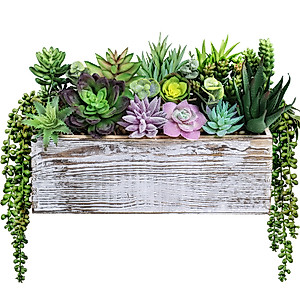19 Pcs Assorted Artificial Succulents Fake Plants in Rectangular Wooden Pot Succulents Garden in Wood Planter Box Potted Succulents Plants Arrangement for Table Centerpiece Windowsill Greenery Decor
